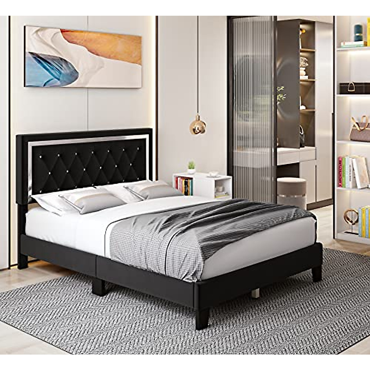 Queen Bed Frame, Diamond Tufted Upholstered Platform Bed Frame with Adjustable Headboard, Mattress Foundation with Wooden Slat Support, No Box Spring Needed, Easy Assembly (Queen, Black)