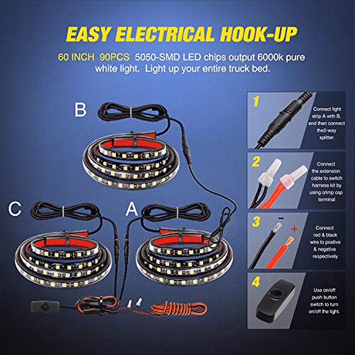 Nilight 3PCS 60 Inch Bed Light Strip 270 LED with On/Off Switch Blade Fuse Splitter Extension Cable for Cargo Pickup Truck SUV RV Boat