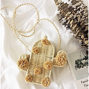 NIBD Beach Bag Cactus Straw Bag Summer Bags with Pom Pom Women Messenger Handbag Braided New Rattan Bag, Beige, 7.5"*7.5"*2.4"