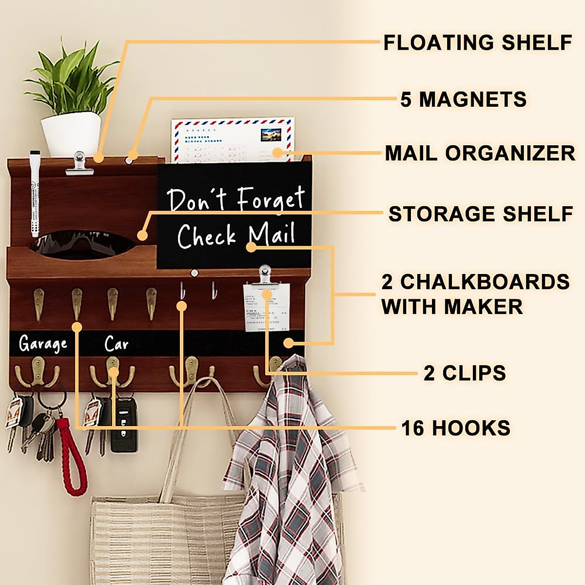 HEKOOLA Farmhouse Key and Mail Holder for Wall Decorative, Rustic Mail and Key Organizer for Wall with Different Hooks, Chalkboard, Key Holder Wall Mount with Shelf, Basket, Clips(Pine Wood, Brown)