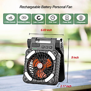 Sireck Solar Powered Camping Fan with LED Lantern,10000mAh Rechargeable Battery Operated Portable Fan,4 Speeds/Timer/Power Bank 90° Folding USB Personal Desk Fan (Black&Orange)
