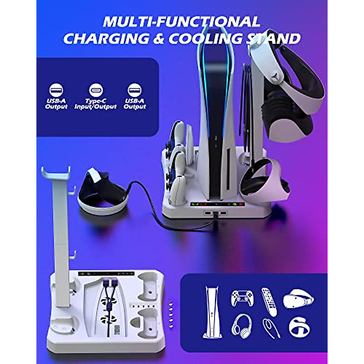 PS-5 & PS VR2 Charging Station with 2 Cooling Fan, YOGES 3-in-1 PS-5 Stand for Play-station5 and Play Station VR2 Controllers Charging, PS-5 Console Cooling Station PS-5 PS VR2 Accessories Storage