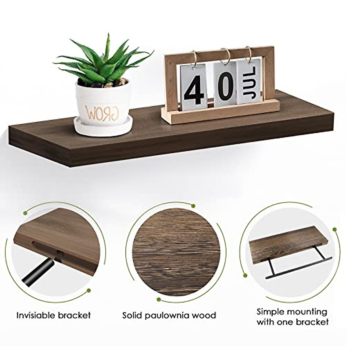 Herncptar Wall Shelves, Rustic Wood Floating Shelves Set of 4, Hanging Storage Shelf with Invisiable Metal Brackets for Bathroom, Living Room, Kitchen, Bedroom