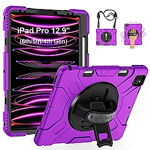 GROLEOA for iPad Pro 12.9 Inch Case 2022/2021 (6th 5th Generation): Military Grade Full-Body Protective Cover Case for iPad Pro 12.9 6th/5th Gen - Rotating Stand - Hand/Shoulder Strap, Purple