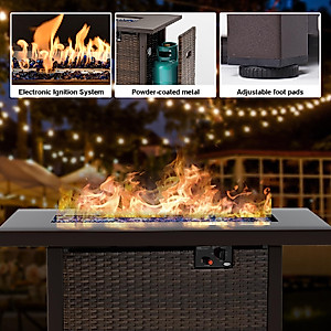 7 Piece Patio Furniture Set with Fire Pit Table, Rattan Outdoor Sectional Patio Conversation Sets with Seat Cushions for Backyard Deck Balcony Lawn and Garden, Black