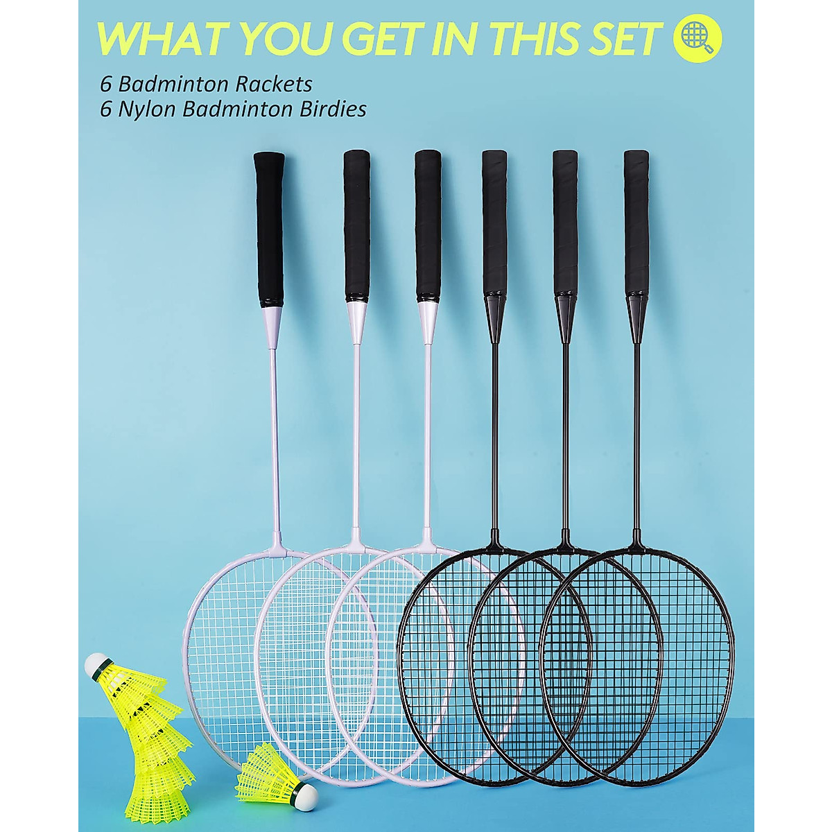 AboveGenius Badminton Rackets Set of 6 for Outdoor Backyard Games, Including 6 Rackets, 6 Nylon Badminton Shuttlecocks, Lightweight Badminton Racquets for Beginners