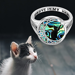 Cat Engagement Ring Sterling Silver Black Cat on Celtic Knot Moon Matching Thumb Couple Rings for Women Abalone Cute Animal Jewelry Halloween Christmas Gifts Size 9