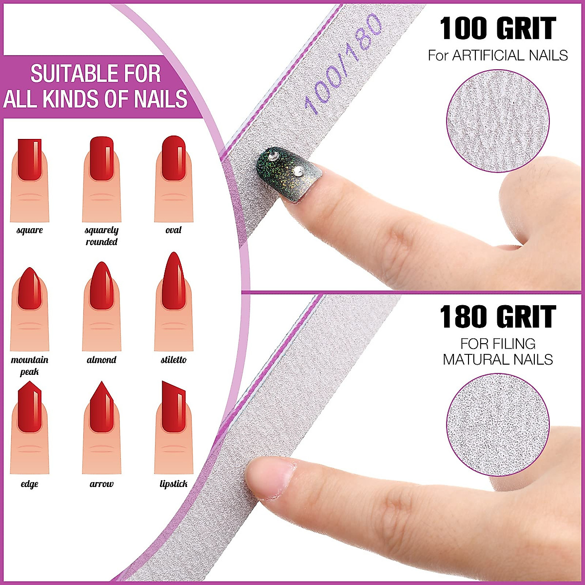 150 Pieces 100/180 Grit Nail Files Double Sided Emery Boards Washable Reusable Nail Buffers Manicure Tools for Natural Acrylic Toenails Home and Salon Use