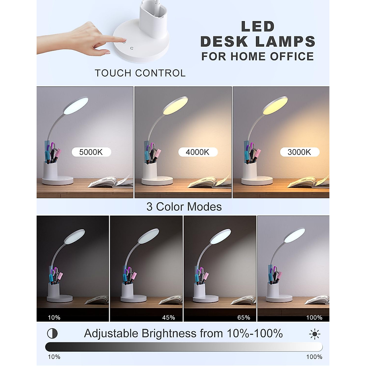 Sailstar Small Desk Lamp, LED Desk Lamps for Home Office, Eye-Caring Study Desk Light for Kids, Touch, 3 Lighting Modes, Adjust Brightness, 800LM, 360°Gooseneck Desk Lamp for College Dorm Room, White