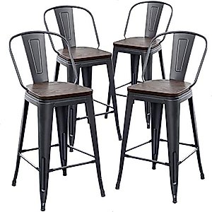 Aklaus Metal Bar Stools Set of 4,26 inch Barstools Counter Height Bar Stools with Backs Farmhouse Bar Stools with Larger seat High Back Kitchen Dining Chairs Modern Bar Chairs Matte Black Stool