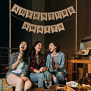 LINGTEER Adventure Awaits Burlap Banner Bunting Bon Voyage Travel Retirement Graduations Wedding Party Pennant Decorations Supplies - [Pre Strung].