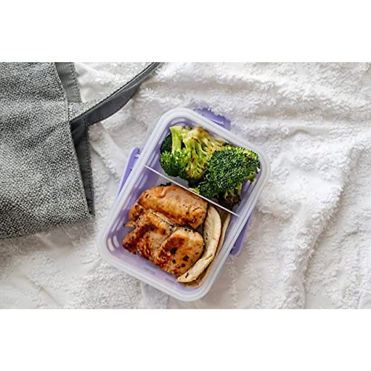 Ello Plastic Divided Container Food Storage Portion Control Set with Locking Leak-Proof Lids, 2 Set 4 Cup, Purple/Blue