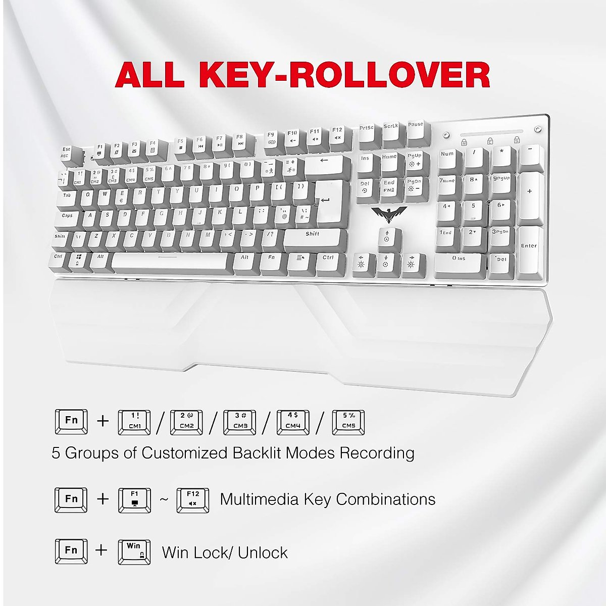 havit Wired RGB Mechanical Gaming Keyboard and Mouse Combo Set UK Layout, Blue Switch Mechanical Keyboard with Detachable Ergonomic Wrist Rest 4800Dots Per Inch Programmable Wired Mouse, White