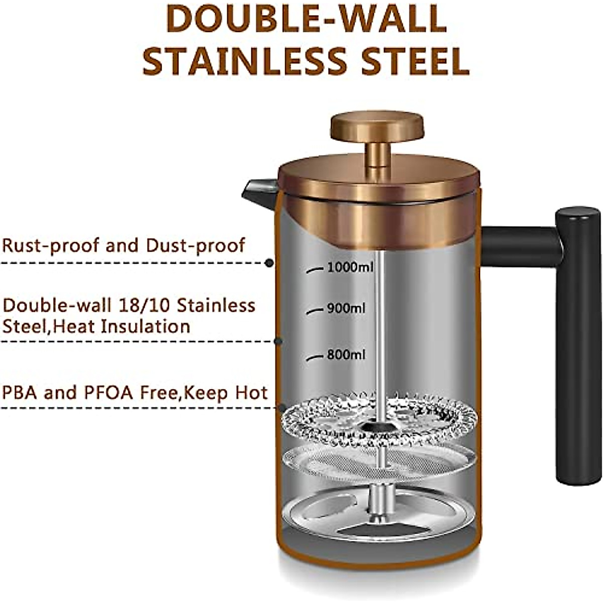 Miuly Large Coffee Press 34oz,Double Wall Insulated Black Stainless Steel French Press with Rose Gold Lid 2 Extra Filter and Coaster Mat(34oz, Black)