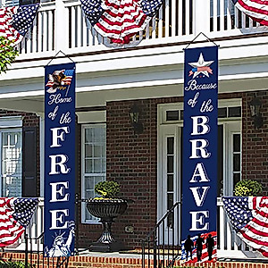 American Flag Patriotic Soldier Porch Sign Banners -“HOME of the FREE” and “Because of the BRAVE”- Hanging Banner for 4th of July Decor/ Independence Day/ Memorial Day/ Veterans Day/ Labor Day