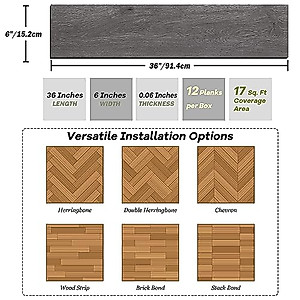 Oxdigi Peel and Stick Floor Tile 36" x 6"x 12 Packs/ 18 Sq.Ft, Thicken Wood Plank Flooring Self-Adhesive Waterproof for Kitchen Living Room RV, Easy DIY Floor Stickers, Smoky Grey