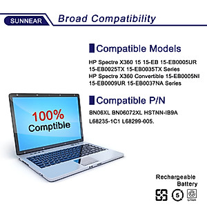 SUNNEAR BN06XL Laptop Battery Replacement for HP Spectre X360 15-EB0005UR 15-EB0025TX 15-EB0035TX 15-EB0053TX 15-EB0083NR Series Notebook BN06072XL L68235-1C1 HSTNN-IB9A 68299-0055 11.55V 72.9Wh
