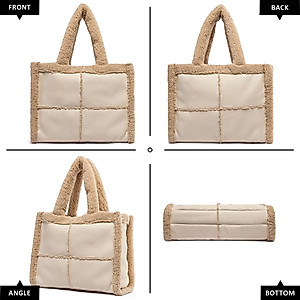 Like Dreams Large Sherpa Tote Bag, Inner Pocket Vegan Leather, Large Tote Hand bags for Women, Fashion Winter Purse (Ivory)