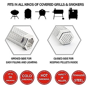Pellet Smoker Tube, Aliyoham 12'' Stainless Steel BBQ Smoke Tube, Hot/Cold Smoking for All Charcoal, Electric, Gas Grills(with 3 S Shape Hooks,1 Cleaning Brush, 1 Silicone Brush)