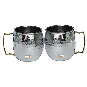 PARIJAT HANDICRAFT Stainless steel copper serving kadhai pan with steel mug and embossed brass shot jigger