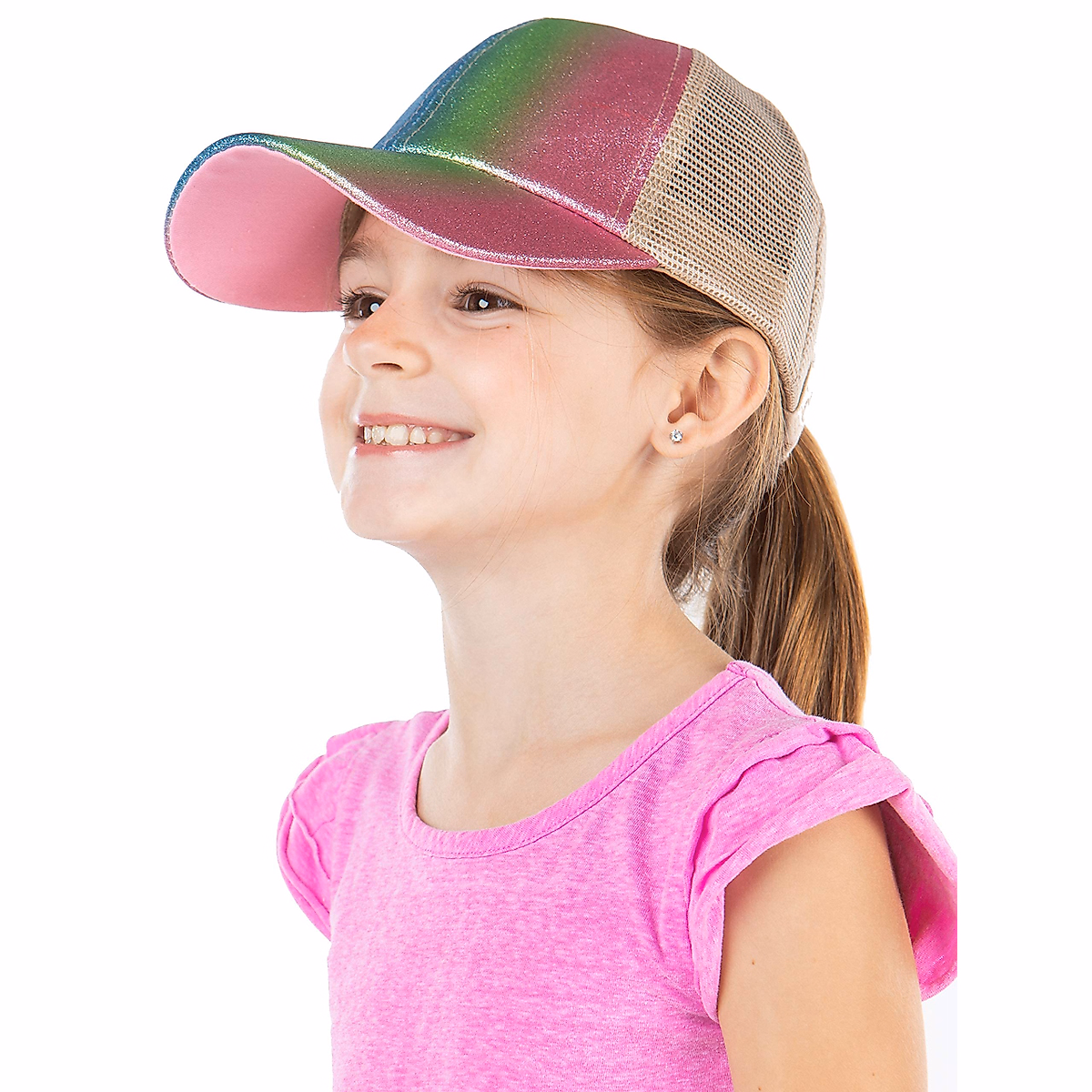 Funky Junque Kids Criss Cross Messy Bun Ponytail Hat - Pink Multi Ombre Glitter w/mesh