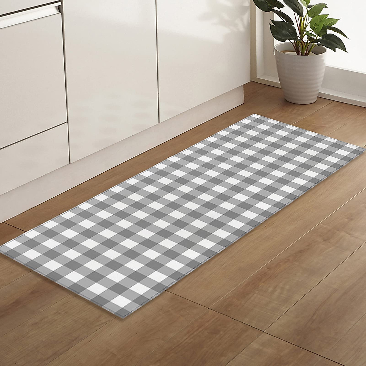 Kitchen Area Runner Rugs Doormat Modern Simple Grey Buffalo Check Non-Slip Indoor Floor Mats Rustic Plaid Art Absorbent Bath Rugs Accent Carpet for Bedroom Hallway Bathroom,1 Piece 18x47.2in
