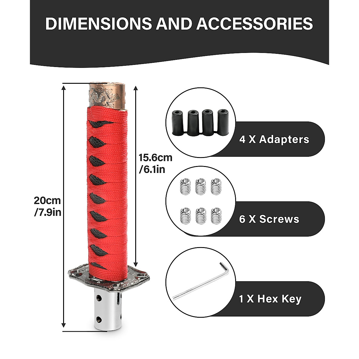 SUJADE YAKEFLY Universal Katana Gear Shifter,Gear Shift Knob Sword Shift Knobs,Katana Shift Knob Samurai Sword Gear Shifter with 4 Adapters,Katana Samural Shift Gear Lever (Red&Black)