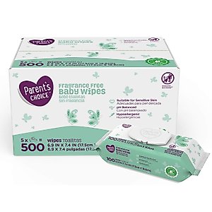 Parent's Choice Fragrance Free Baby Wipes, 500 Count (5 Packs of 100) (4 Case)