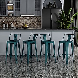 Andeworld Distressed Bar Stools Set of 4 Industrial Counter Stools Metal Barstools with Backrest (30 Inch, Distressed Design Teal)