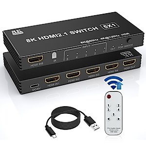 4K 120Hz HDMI Switch 8K HDMI 2.1 Splitter with Remote - 5 in 1 Out HDMI Hub for Multiple Inputs, HDMI Multiport Adapter Port Expander Switcher Supports 8K@60Hz/4K@120Hz for PS5 Xbox DVD Player TV PC
