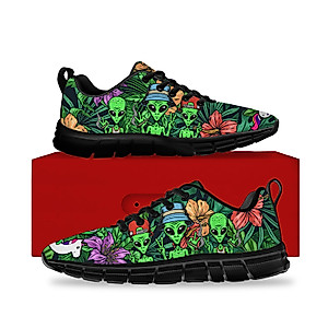 Mens Womens Alien Shoes Running Walking Tennis Sneakers Alien UFO Tropical Hibiscus Flower Shoes Gifts for Women Men,Size 9 Men/10.5 Women Black