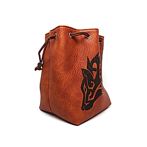 Brown Leather Lite Large Dice Bag with Wolf Design - Brown Faux Leather Exterior with Lined Interior - Stands Up on its Own and Holds 400 16mm Polyhedral Dice