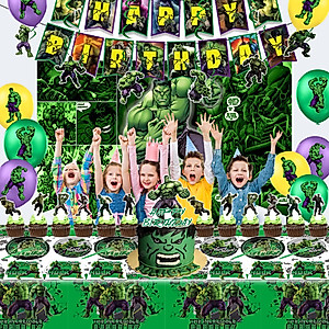 Hulk Birthday Party Supplies, Hulk Birthday Packs Include Happy Birthday Banner, Hanging Swirl, Backdrop, Cake & Cupcake Topper, Balloon, Plates, Napkins, Tablecloth, Superhero Birthday Party For Kids