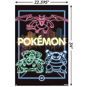 Trends International Pokémon - Neon Group Wall Poster, 22.375" x 34", Poster & Mount Bundle