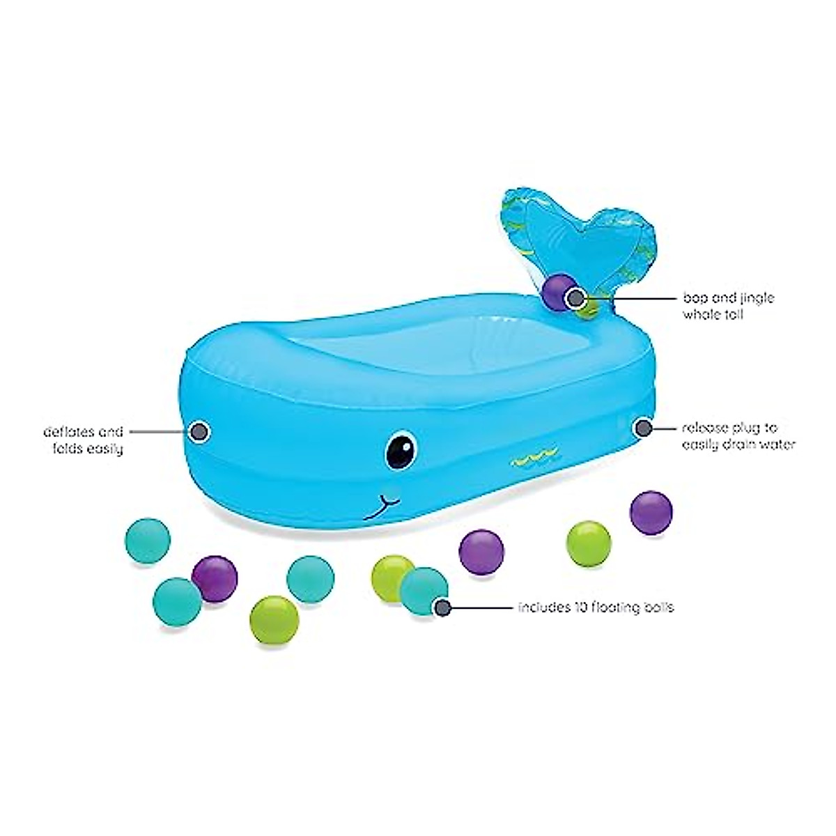 Infantino Whale Bubble Inflatable Baby Bath Tub and 10-Piece Ball Set, Inflated size: 30 in x 18 in (76.2 cm x 45.7 cm), 6-24 Months, Blue