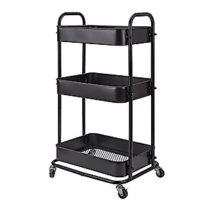 YOHKOH 3-Tier Metal Rolling Utility Cart, Storage Trolley Cart with Mesh Baskets and Lockable Wheels for Bathroom Kitchen Office (Dark Black)