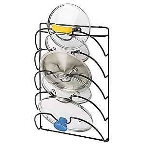 mDesign Metal Wire Pot and Pan Lid Rack Organizer for Kitchen Cabinet Doors or Wall Mount - Upright Storage Holder with 5 Slots - Black