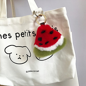 URSFUR Soft Fur Keychain Cute Rabbit Ball Pom Pendant Plush Doll Key Chain Ring Car Bag Charm for Women Girls Watermelon