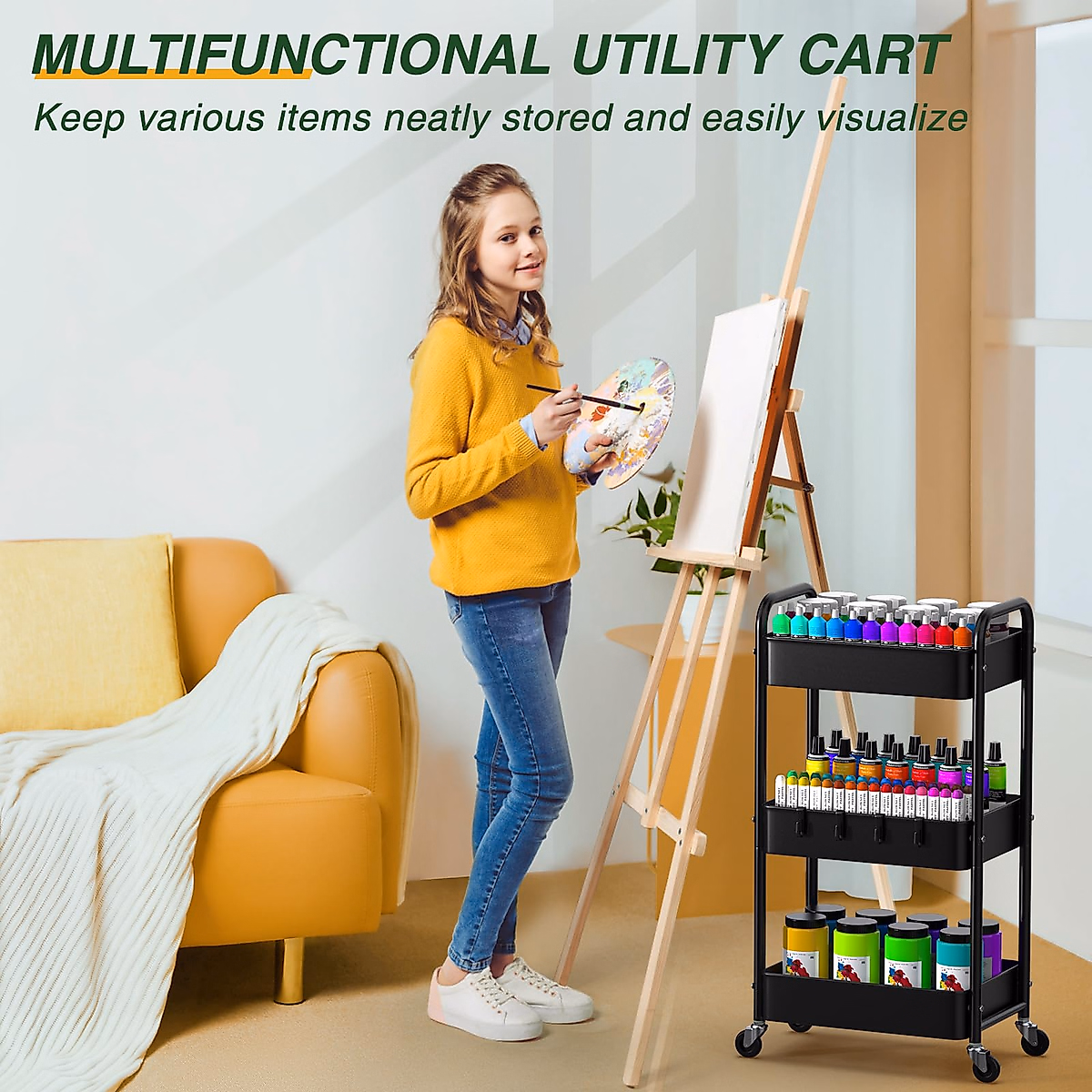 LEHOM 3 Tier Rolling Utility Cart, Metal Trolley Cart with Wheels, Hooks, Easy Assembly Organizer Storage Cart for Bathroom, Kitchen, Office, Bedroom(Black)