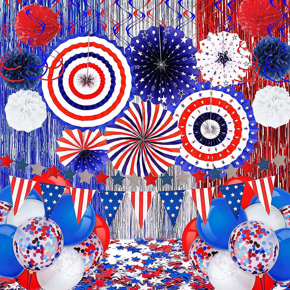 DawnHope 50PCS Patriotic Decorations, 4th of July Independence Day Red White Blue Hanging Paper Fans, Hanging Swirls, Flag Pennant, Foil Fringe, Balloons, Pom Poms Memorial Day Party Supplies Decor