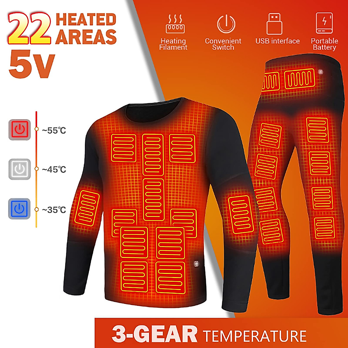 Winter Electric Heated Underwear Set Motorcycle Clothing Women Fleece Thermal Tops Pants 22 Area Ski Heating Body Suit,Black,L(Bust:88cm)