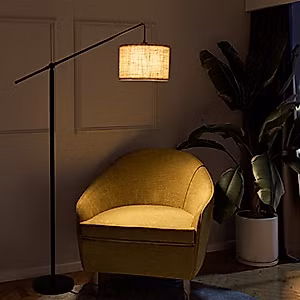SURAIELEC Arc Floor Lamp, Overhang Cantilever Standing Floor Lamp for Couch, Sofa, Reading, Living Room, Bedroom, Adjustable Balance Arm, Natural Linen Drum Shade, Matt Black Metal Pole, Foot Switch
