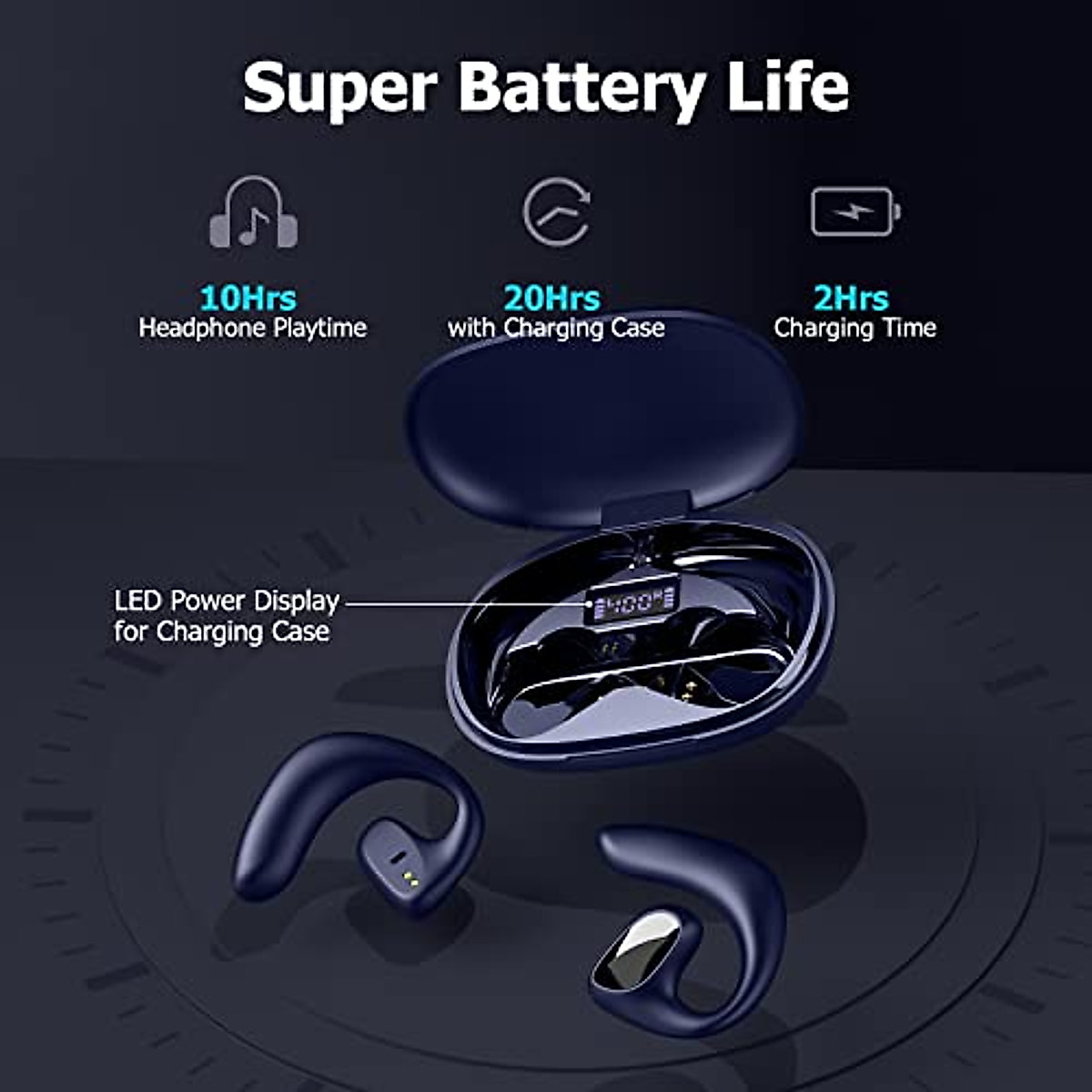 Open Ear Headphones,True Wireless Bluetooth Earbuds with Earhooks,30Hrs Playtime with Charging Case and LED Power Display,Sport Workout Earbuds Built in Mic Waterproof Bass Sound Headset Blue