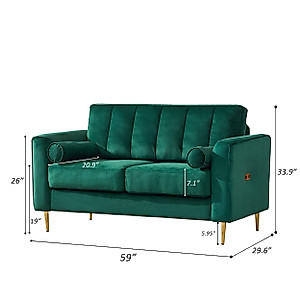 MASTI Green Velvet Loveseat Sofa for Small Spaces,59" Modern Love Seats Furniture with Golden Legs and Two Bolster Pillows Suitable for Living Room,Bedroom and Apartment