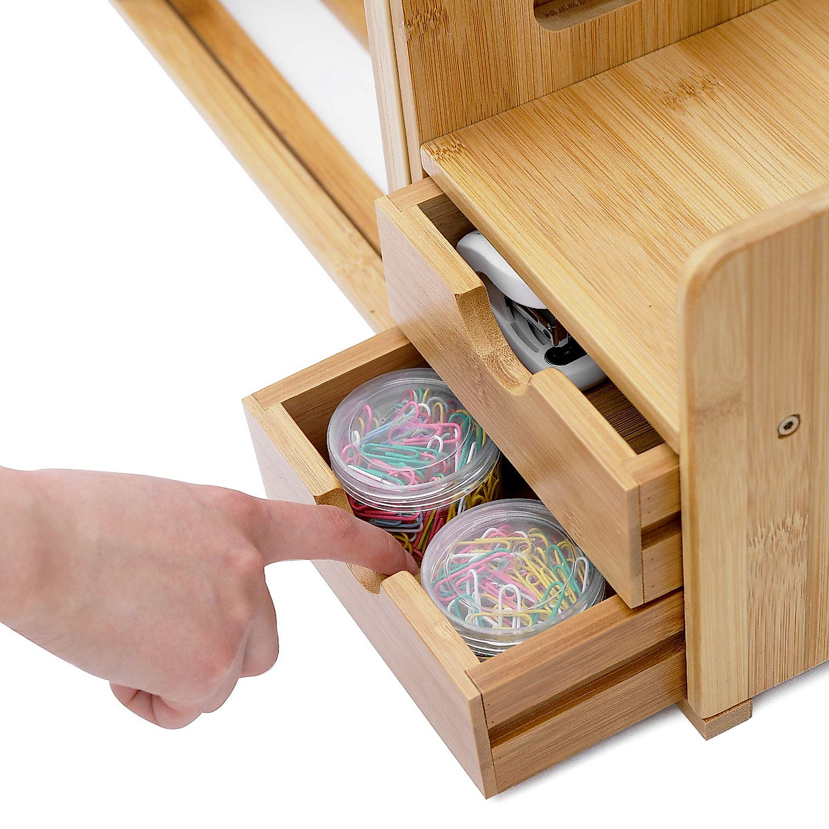 WELLAND Expandable Desktop Bookshelf Bamboo Desk Organizer with 2 Storage Drawers for Office and Home