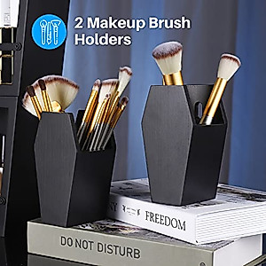 Homde Large Makeup Coffin Shelf with 2 Coffin Brush Holders Solid Wood - 3 Shelf Coffin Holder for Gothi Decor - Free Standing/Wall Hanging Spooky Coffin Decor for Bedroom or Bathroom