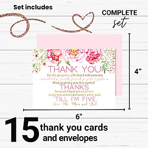 Cottage Floral Baby Shower Thank You Cards with Envelopes Blank Notes Prefilled Message Girls, Personalize for Registry Gifts Cute Pink and Gold Notecard Set 4x6 Stationery, 15 Pack