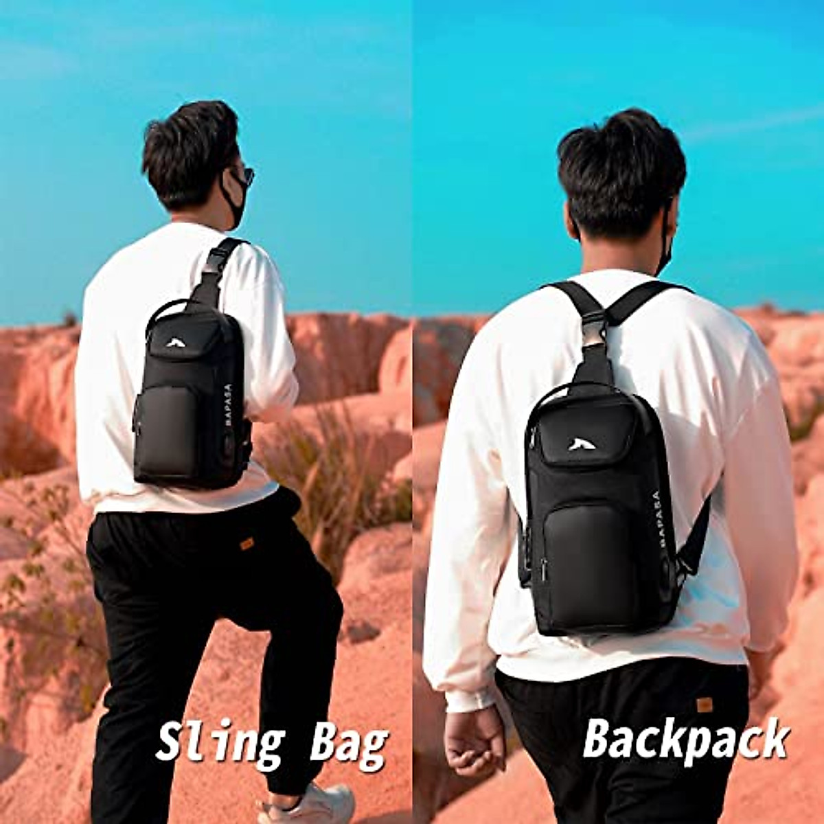 Anti Theft Small Sling Bag for Men, Crossbody Backpack with USB Charging, Waterproof Shoulder Bag with One Strap split in Two(black)