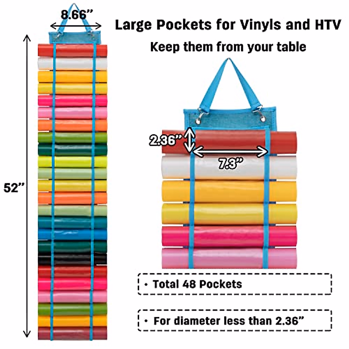 shiningwaner Vinyl Storage Organizer with 48 Compartments, Vinyl Roll Holder Wall Mount/Over The Door, Hanging Organizer Storage Rack For Craft, Blue