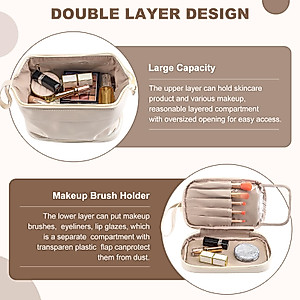 Cosmetic Travel Bag, Double Layer Cosmetic Bag, Large Makeup Bag, Travel Makeup Bag, Makeup Organizer Bag, Leather Cosmetic Bag, Waterproof Toiletry Bag for Women Girls (White)